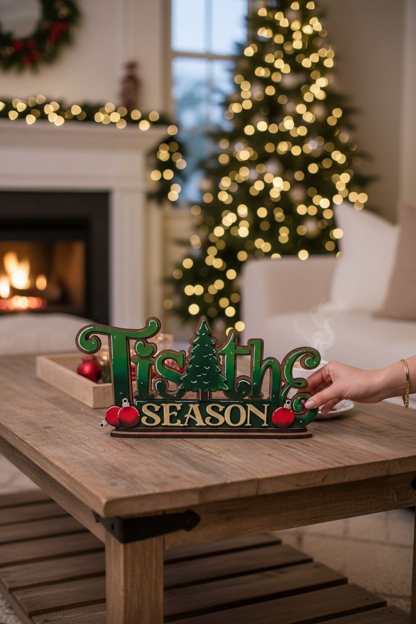 “Tis the Season” Wooden Shelf Sitter – Green Christmas Decor with Red ...